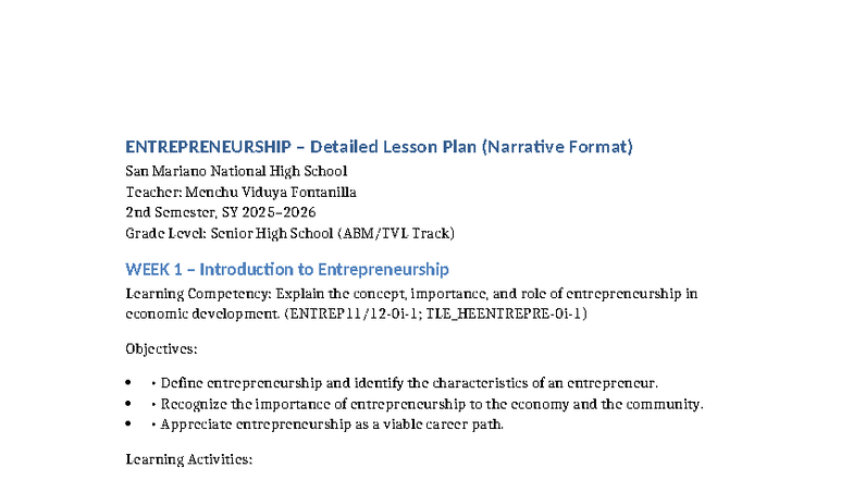 ENTREPRENEURSHIP DLP Part 1: Detailed Lesson Plan for SHS - Studocu