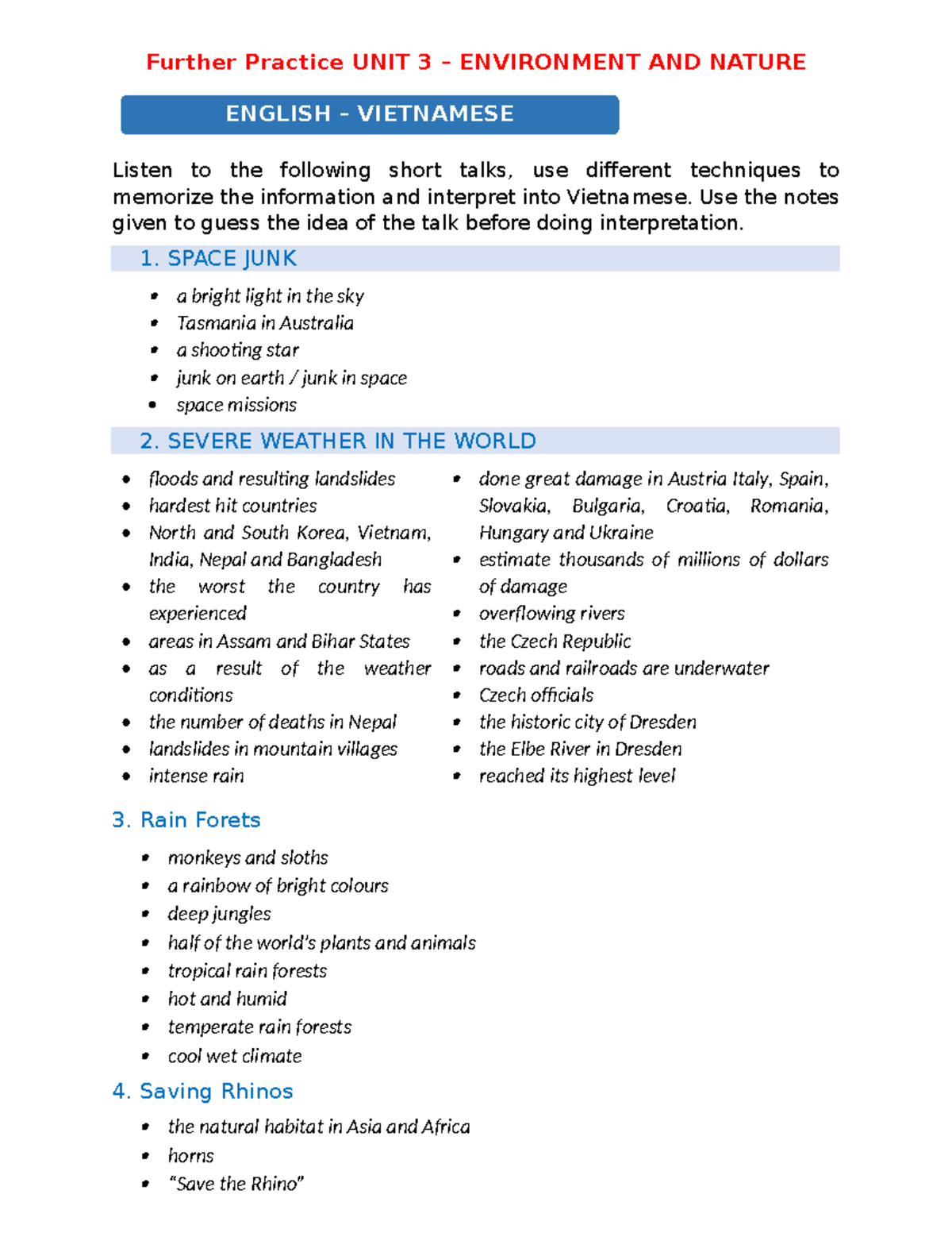 Further Practice UNIT 3: Environment & Nature Interpreting Exercises ...