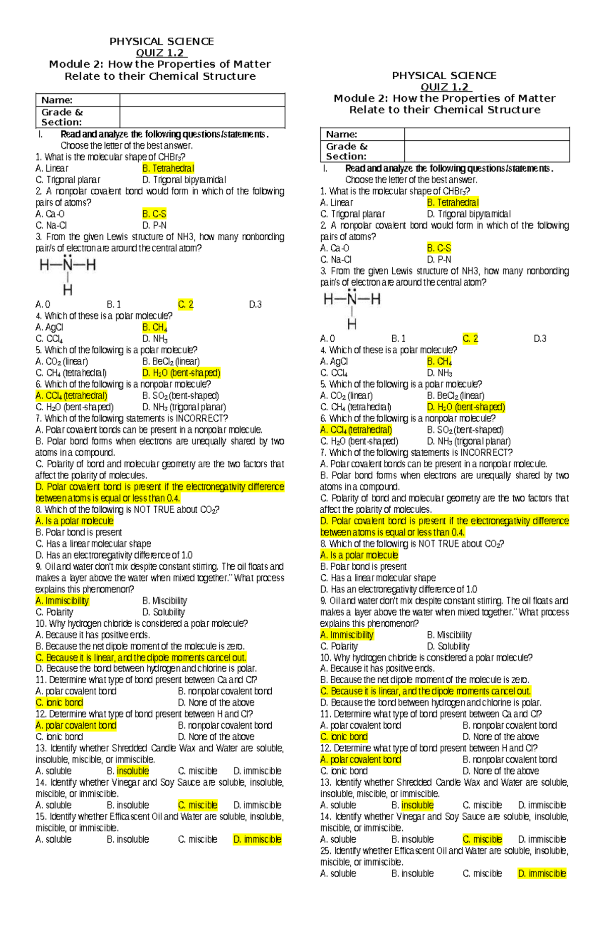 QUIZ 1.2 - MOD 2- answer key - PHYSICAL SCIENCE QUIZ 1. Module 2: How ...