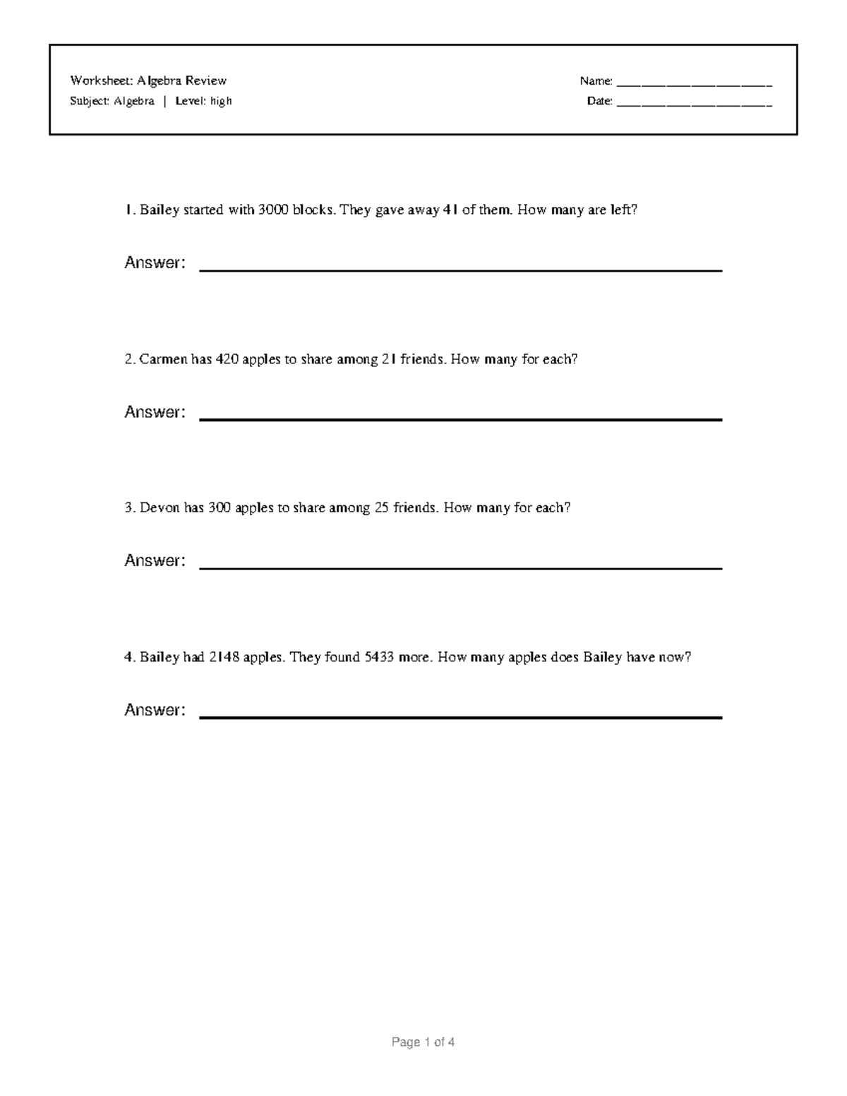 Algebra Review Worksheet: High Level Practice Problems - Studocu