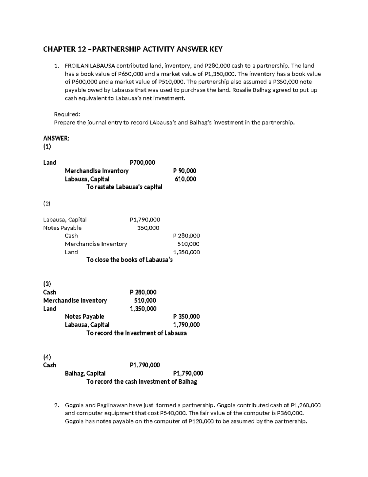 Chapter 12 - Partnership Activity Answer Key & Journal Entries - Studocu