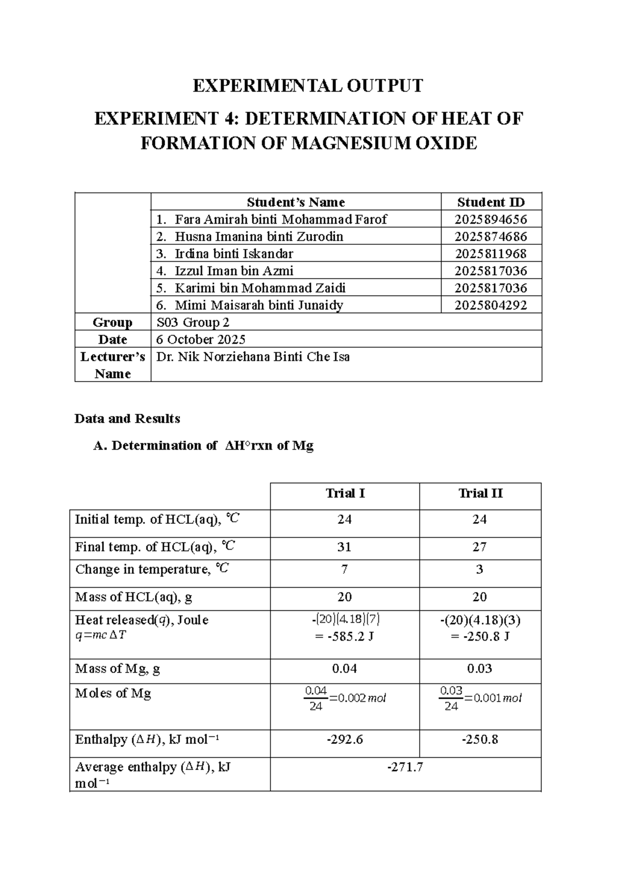 Experimental Output Exp4: Heat of Formation of MgO CHM092 - Studocu