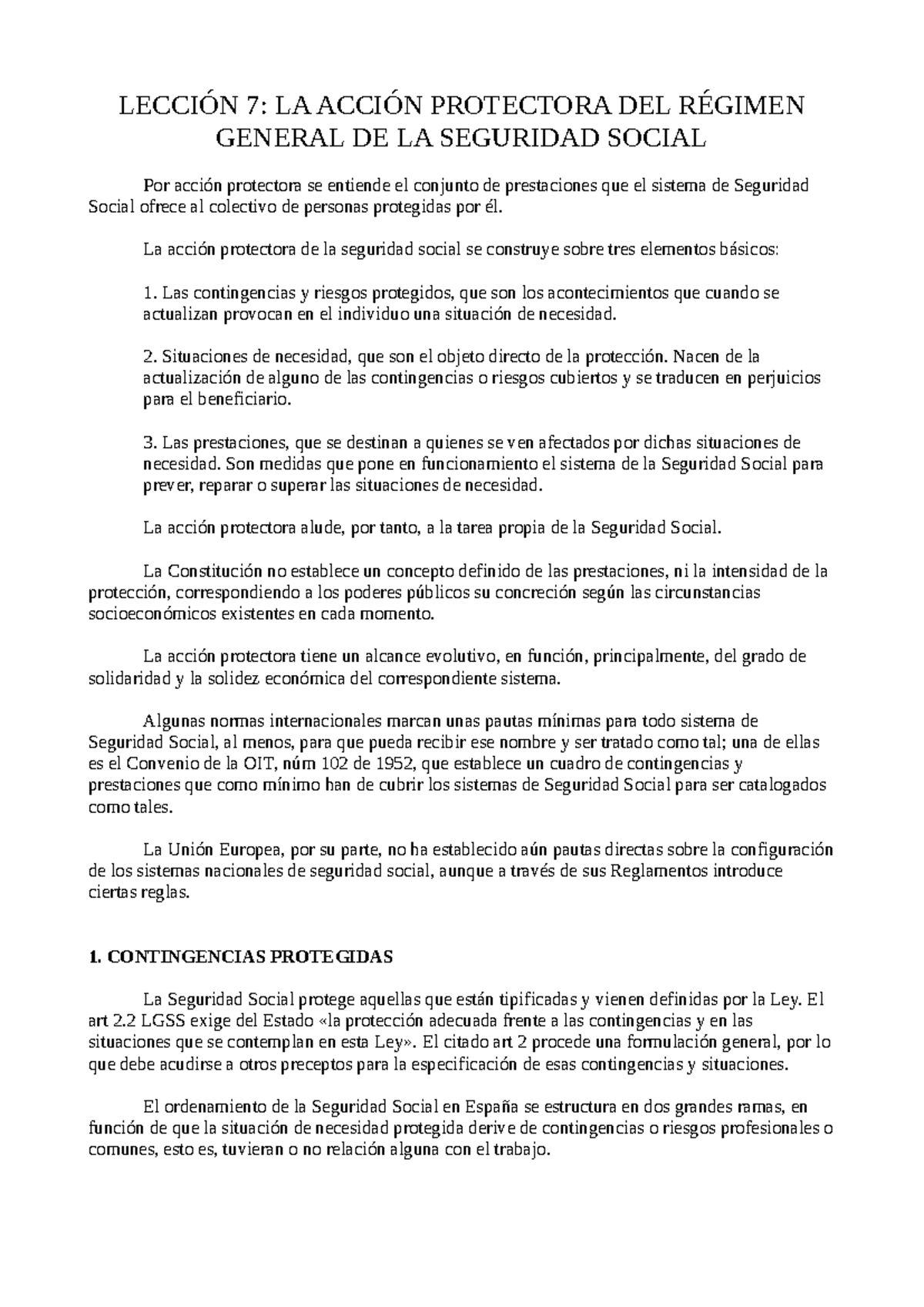 TEMA 7 SS - Apuntes seguridad social - LECCIÓN 7: LA ACCIÓN PROTECTORA ...