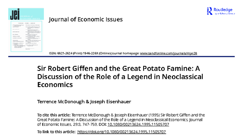 Sir Robert Giffen and the Great Potato Famine: A Neoclassical Analysis ...