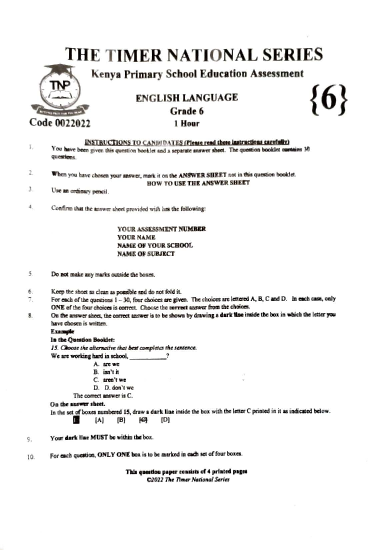 Grade 6 KPSA English Language Assessment - National Series 2022 - Studocu
