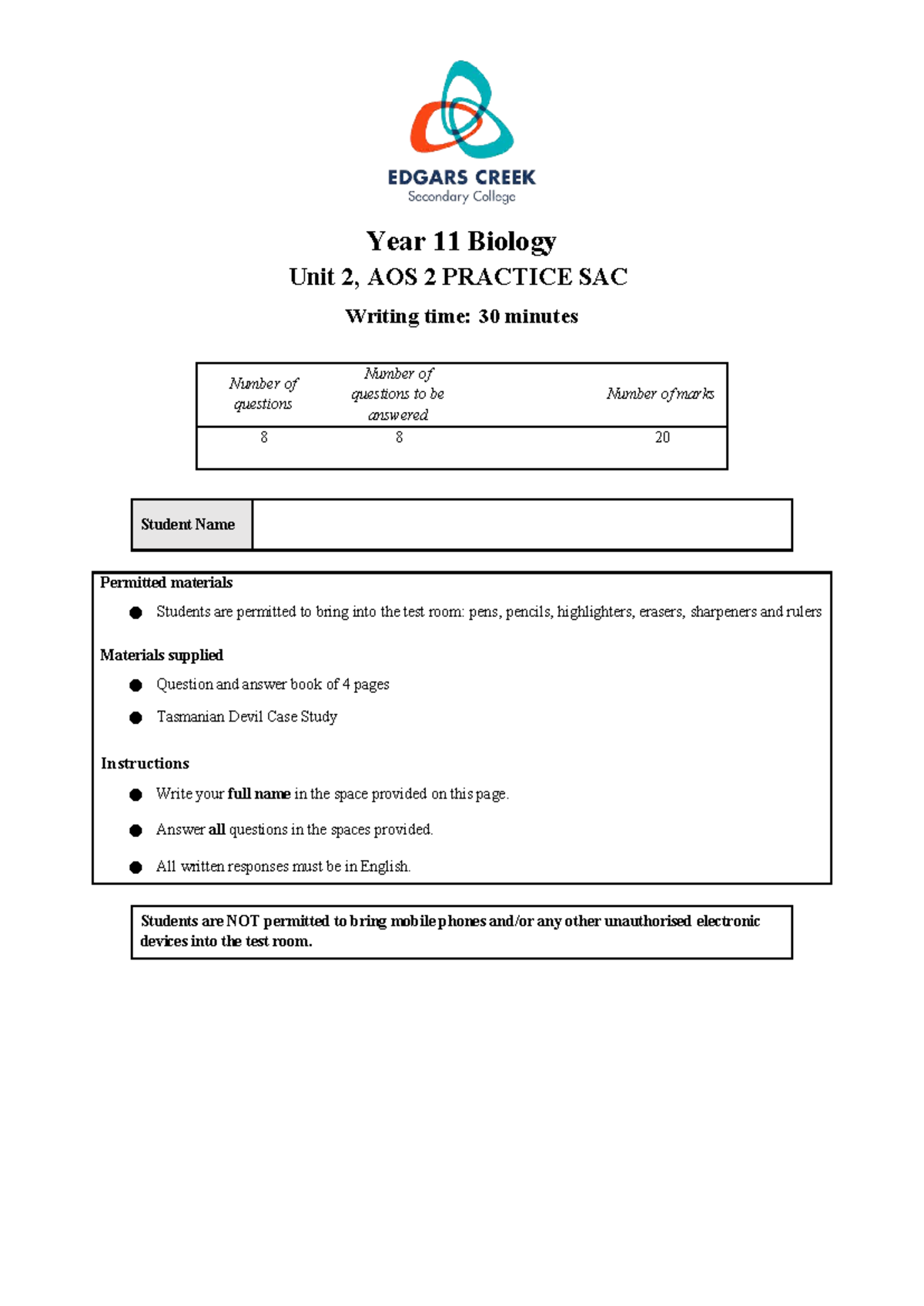 Year 11 Biology Unit 2, AOS 2 Practice SAC: Tasmanian Devil Case Study ...