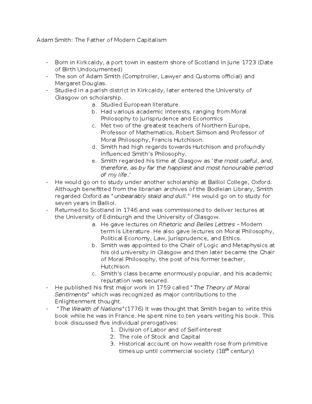 Adam Smith: Key Contributions to Modern Capitalism (HIST 101) - Studocu