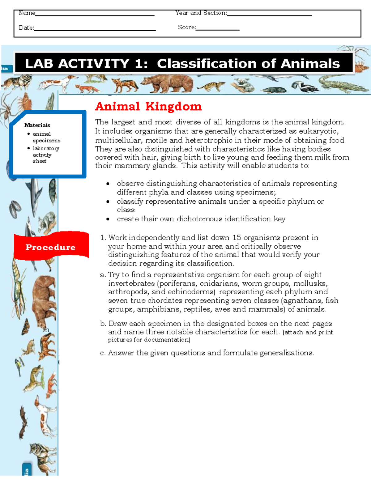 LAB Activity 1: Classification of Animals - Animal Kingdom Overview ...