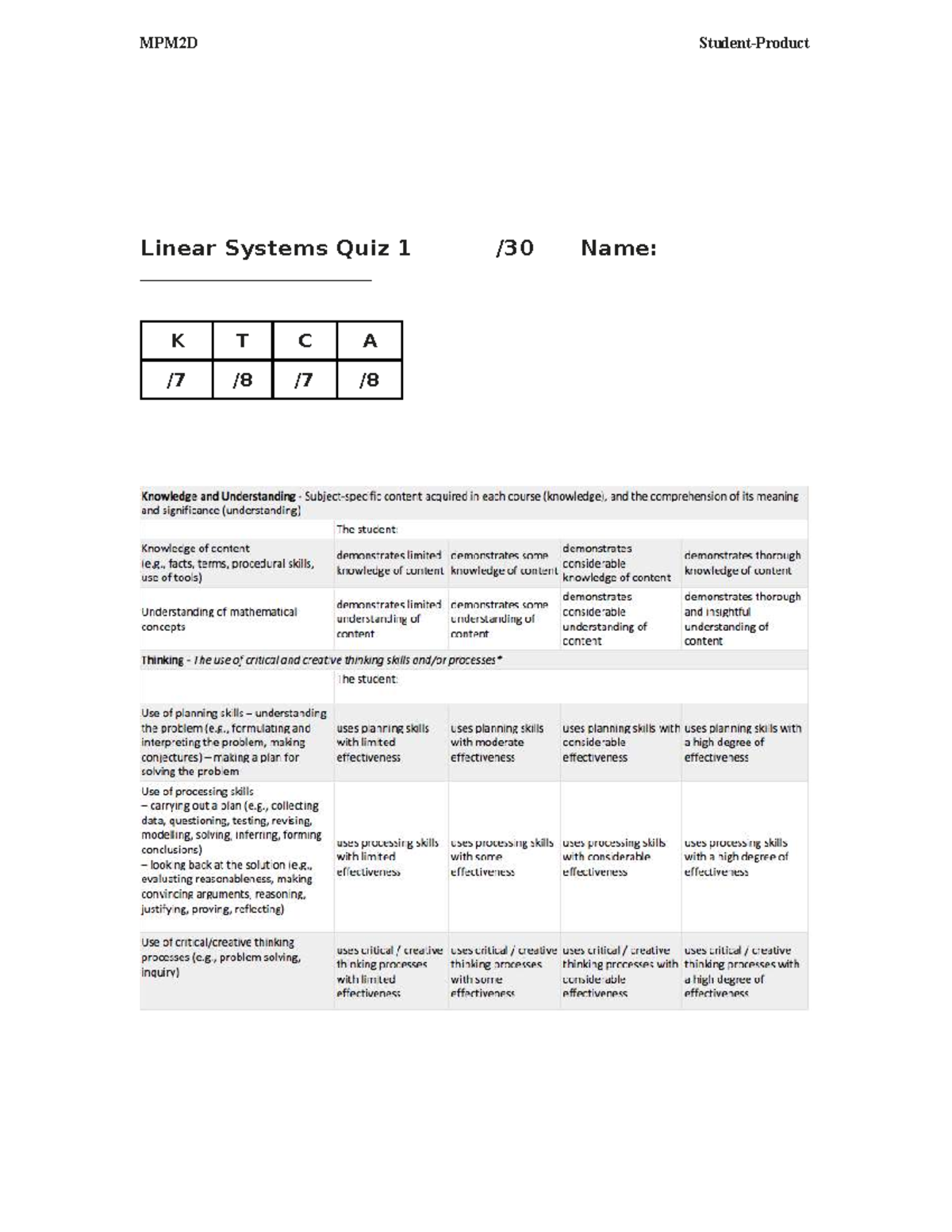 MPM2D Linear Systems Quiz 1 - Unit 1 Assessment - Studocu