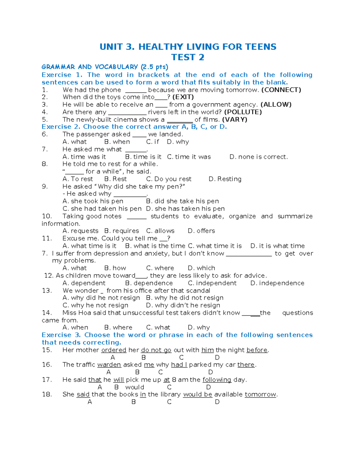 Grade 9 Practice Test: Unit 3 - Healthy Living for Teens - Studocu