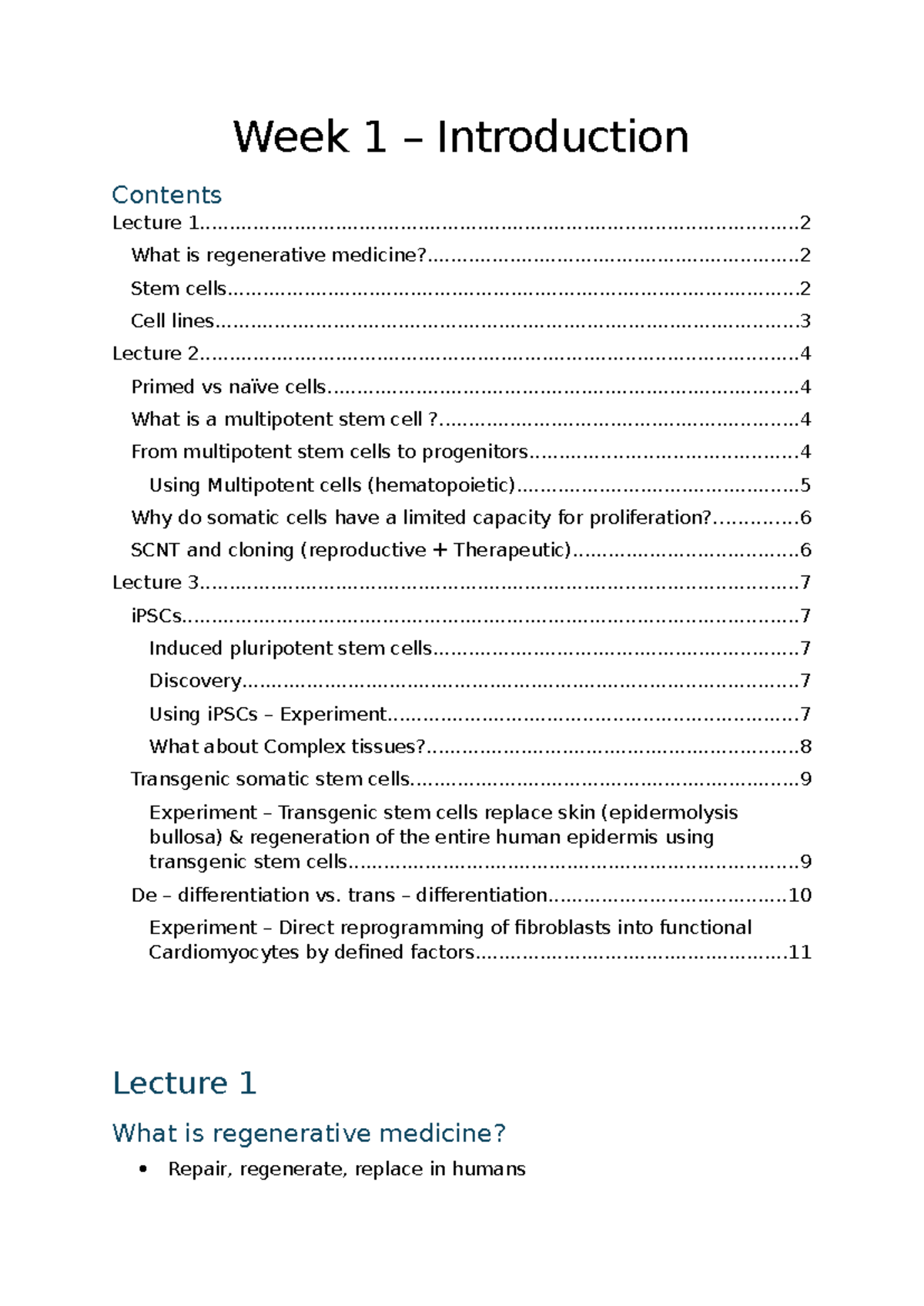 Week 1 Lecture Notes: Introduction to Regenerative Medicine Concepts ...