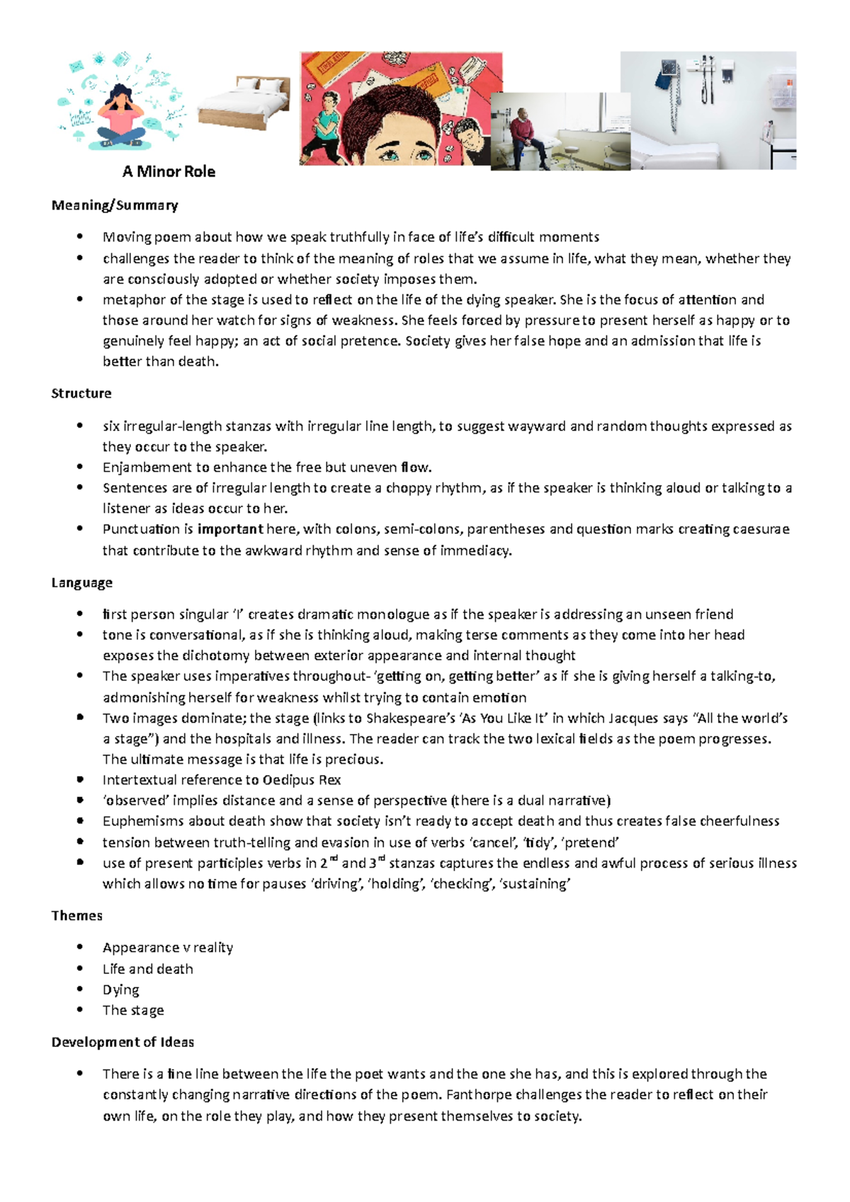 MODERN POETRY A Minor Role SUMMARY SHEET - A Minor Role Meaning/Summary ...