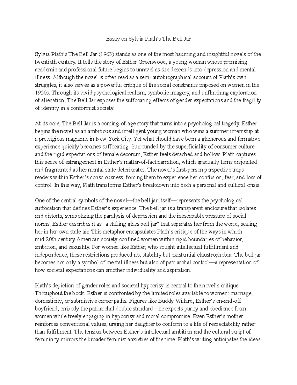 Essay on Sylvia Plath's The Bell Jar Analysis - Studocu