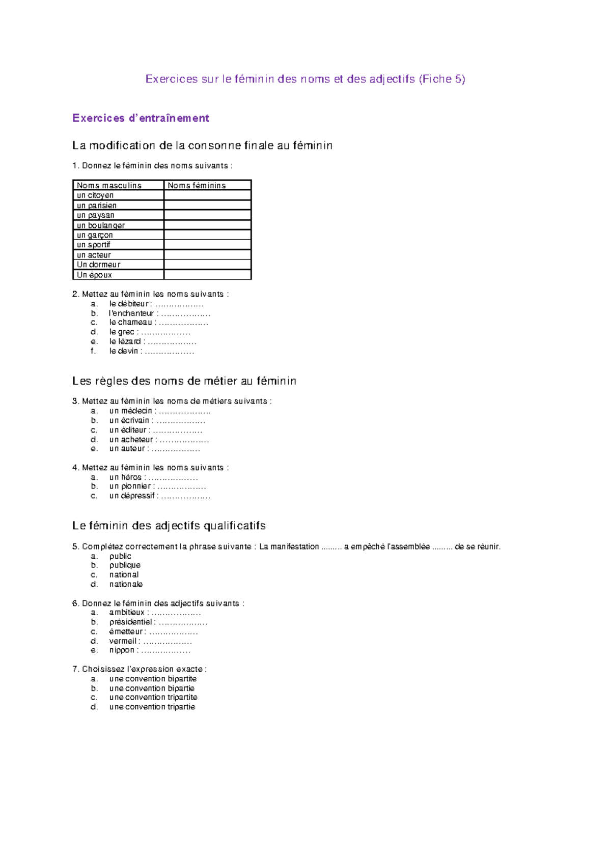 Fiche 5 Le féminin des noms et des adjectifs - Exercices sur le féminin ...
