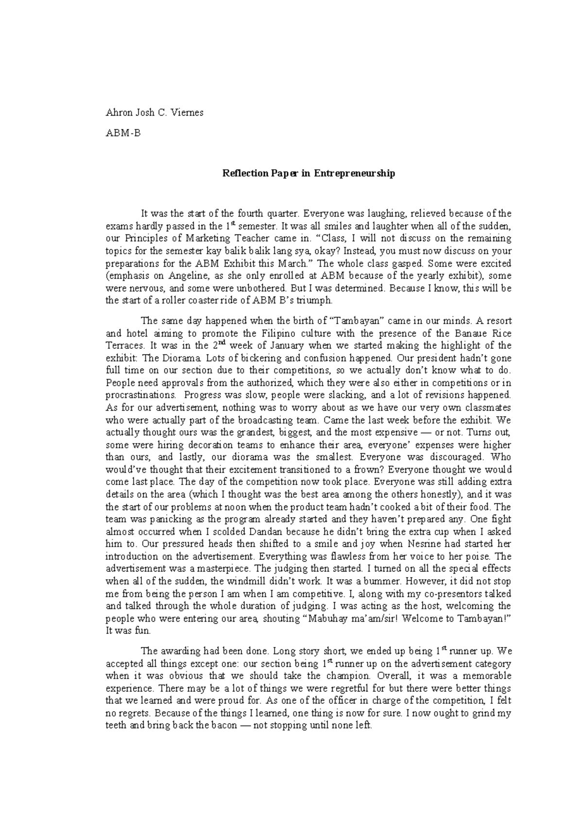ABM 101: Reflection Paper on Entrepreneurship Exhibit Experience - Studocu