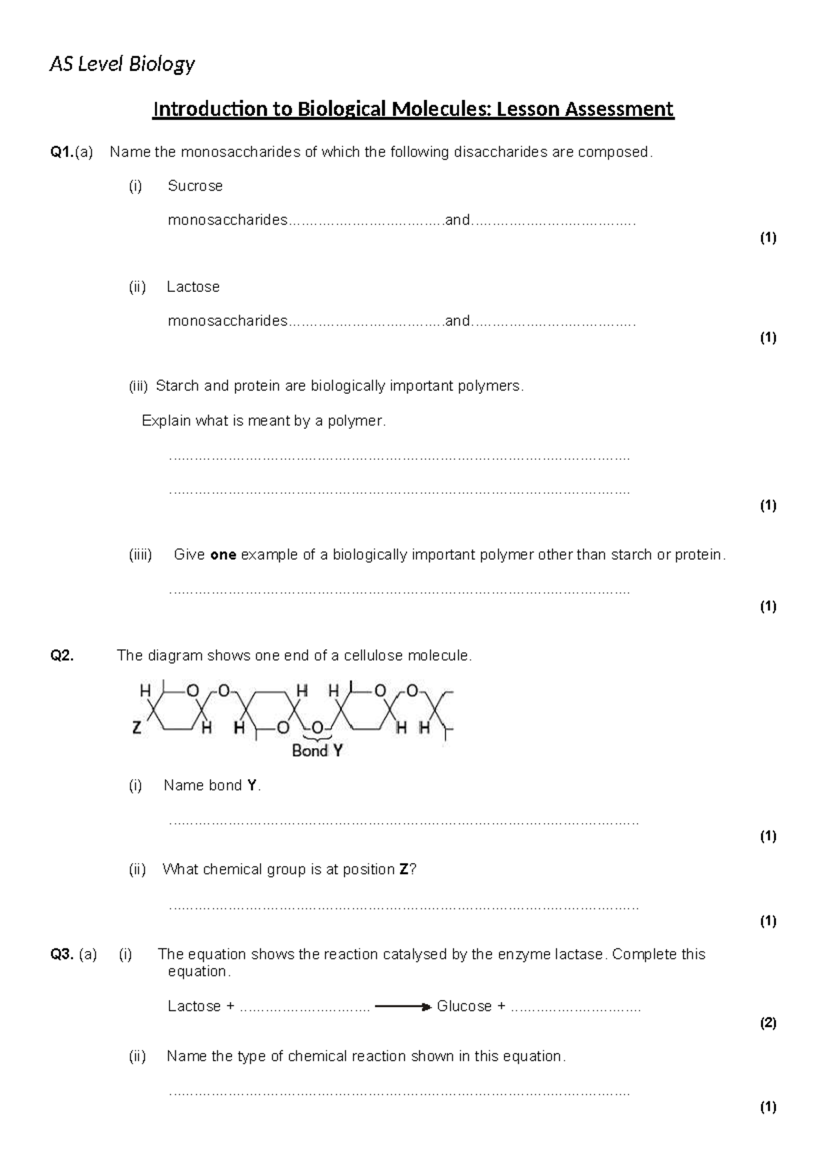 AS Level Biology: Introduction to Biological Molecules Lesson ...