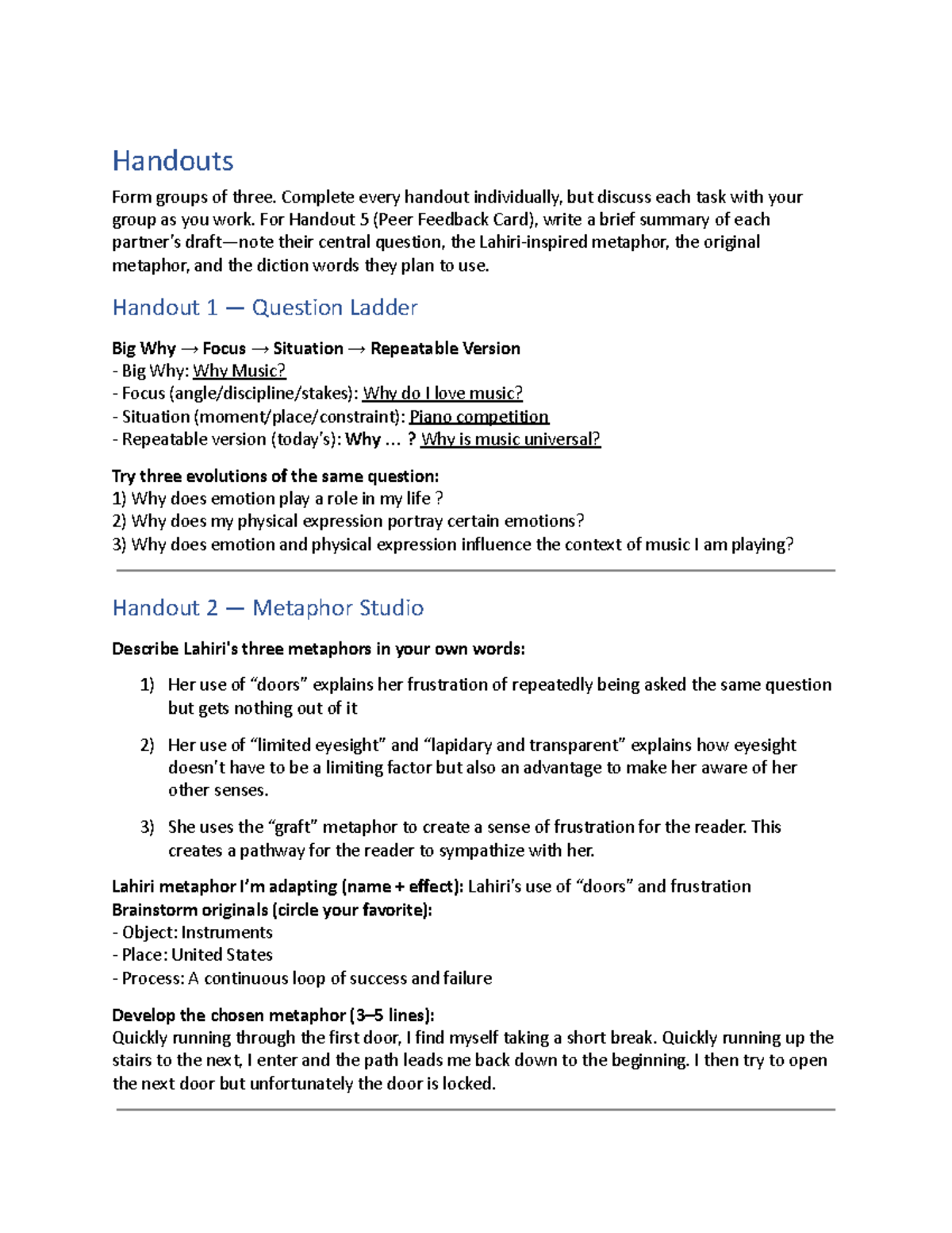 Handouts for Group Work: Peer Feedback & Metaphor Analysis - Studocu