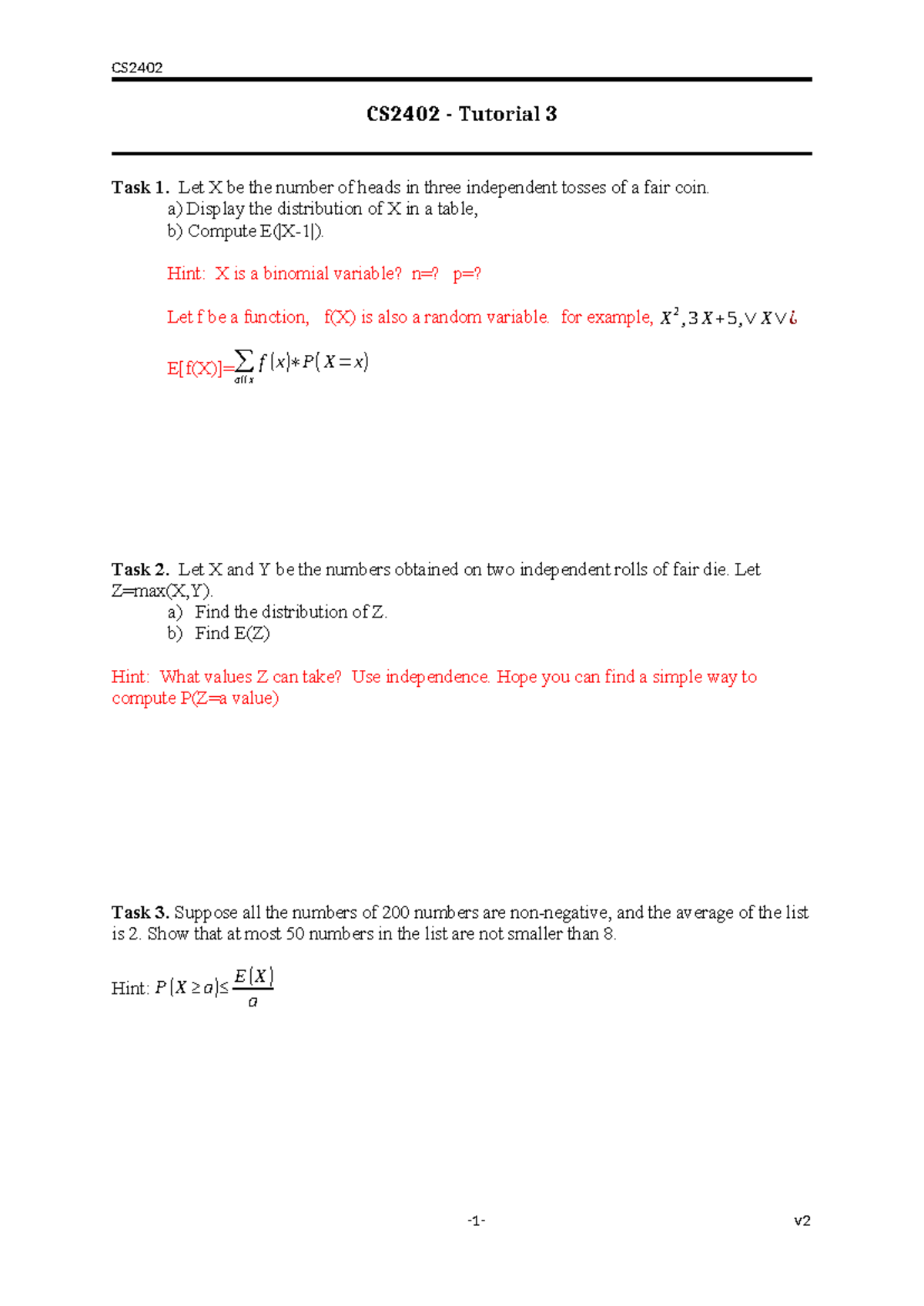 CS2402 Tutorial 3: Probability Distributions and Expected Values - Studocu