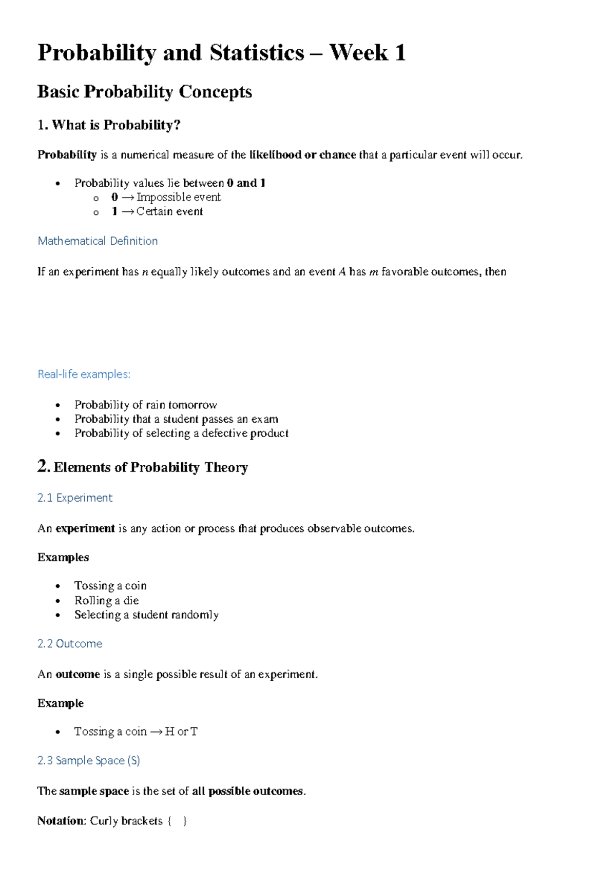 Probability and Statistics ITE 1812: Week 1 - Basic Concepts - Studocu