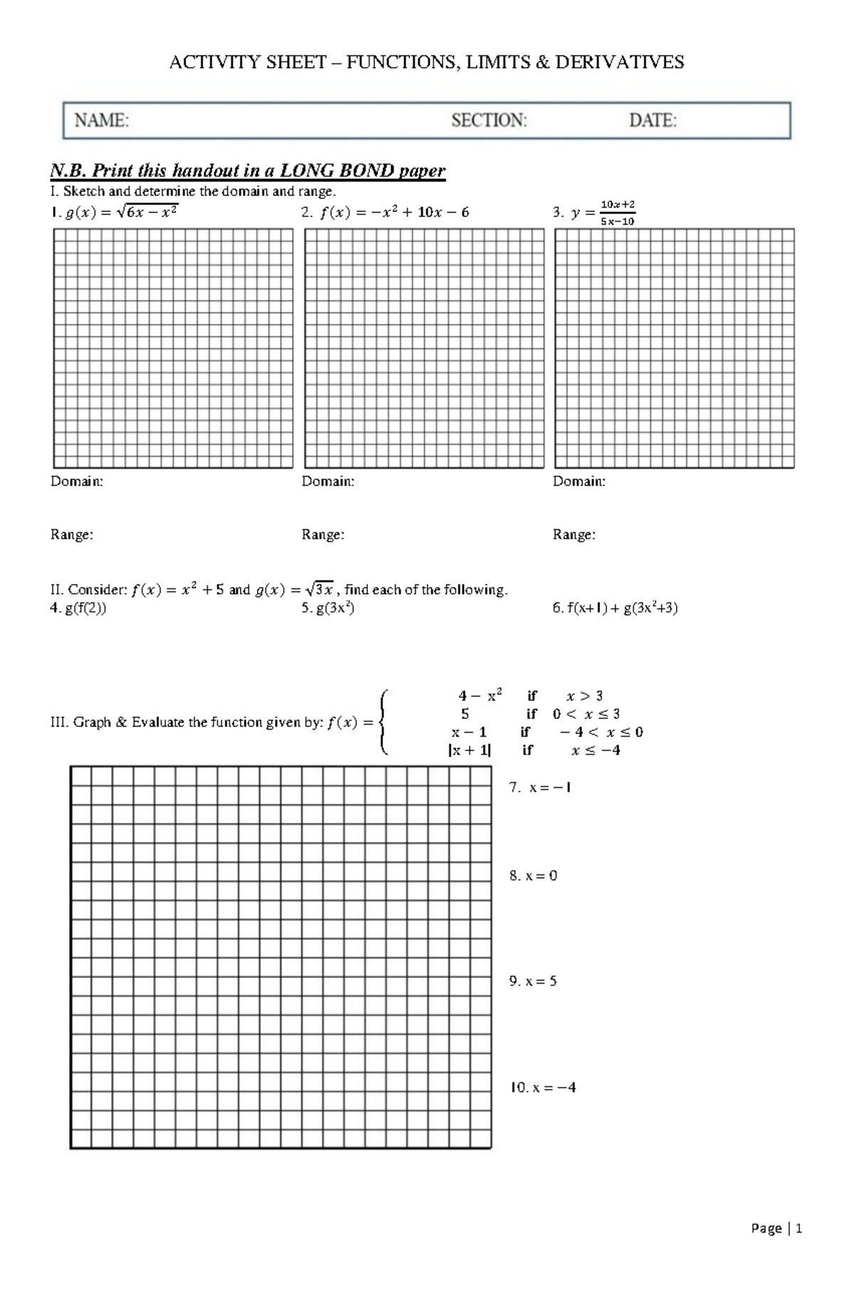 GED055 Activity Sheet: Functions, Limits, & Derivatives Review - Studocu