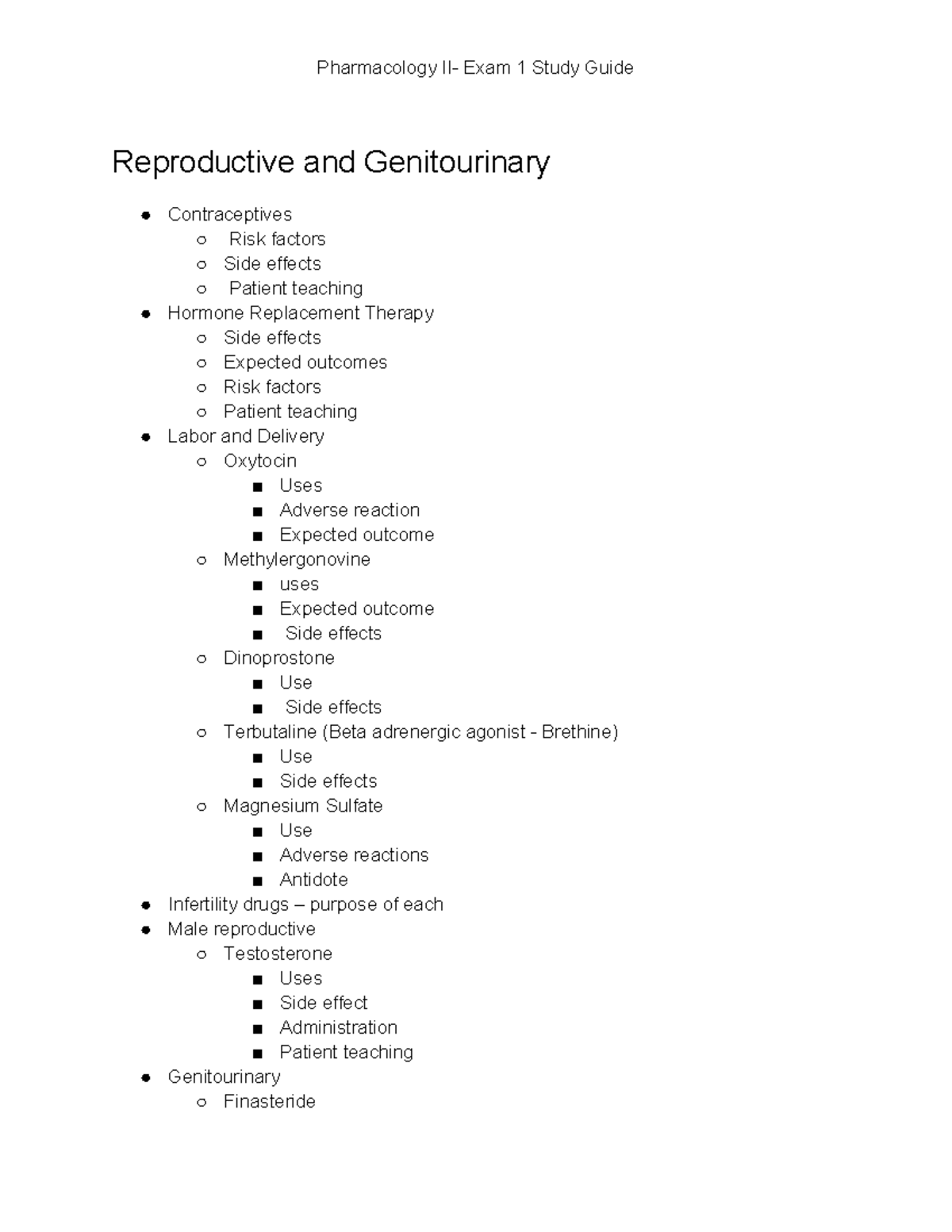 Pharmacology II - Exam 1 Study Guide: Reproductive & GU Focus - Studocu