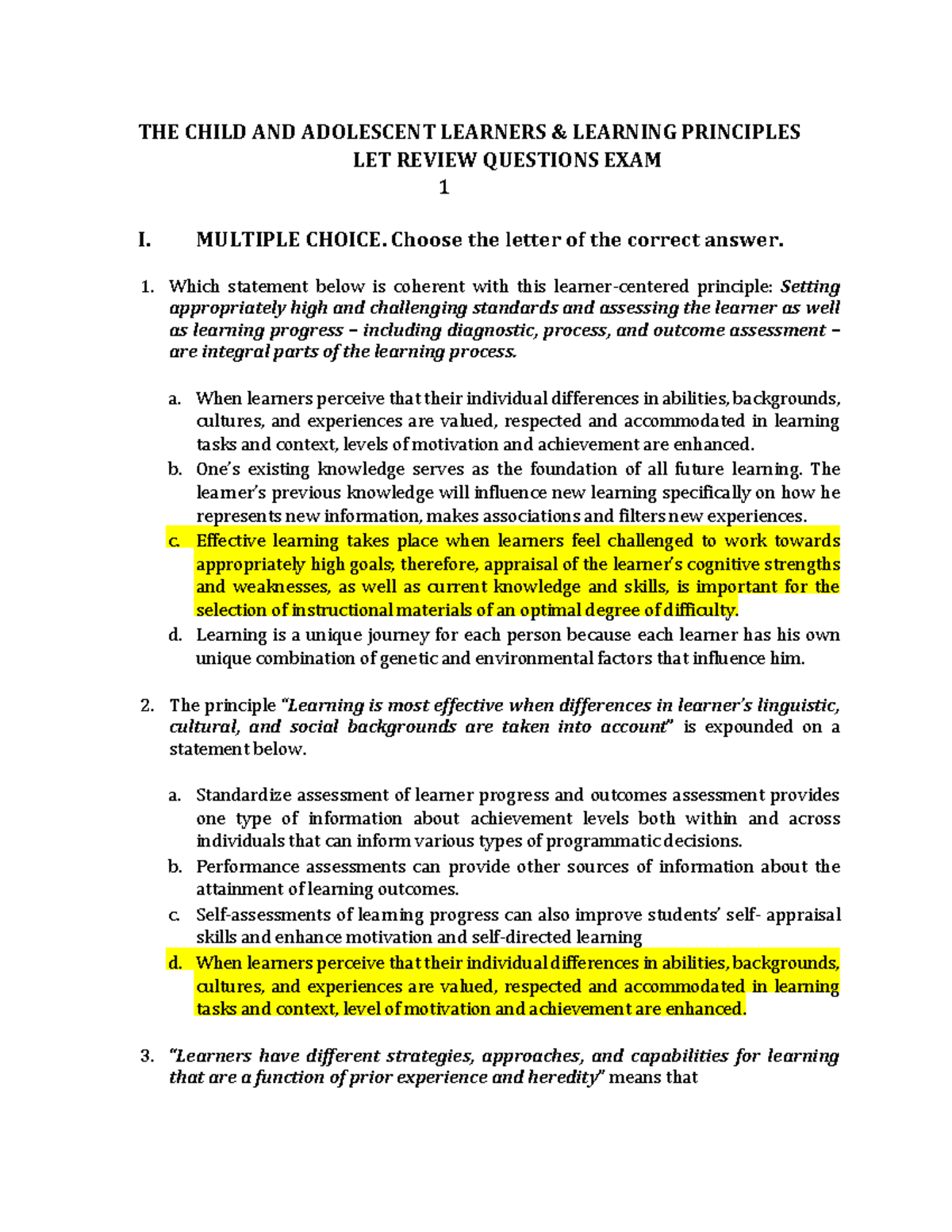 Child and Adolescent Learning Principles: Review Questions Exam - Studocu