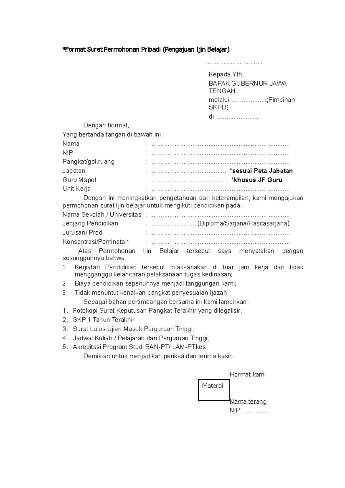 Surat Permohonan Ijin Belajar: Format dan Contoh Pengajuan - Studocu