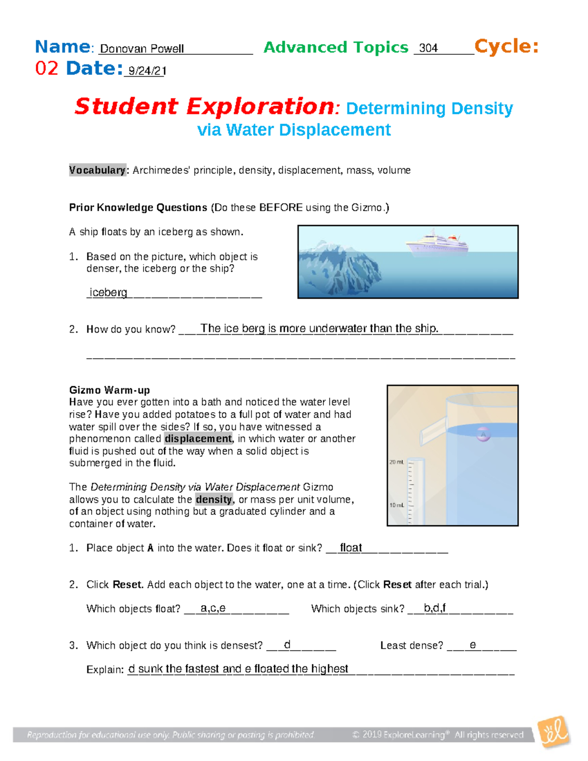 Density Water Exploration - Name : _______________________ Advanced ...