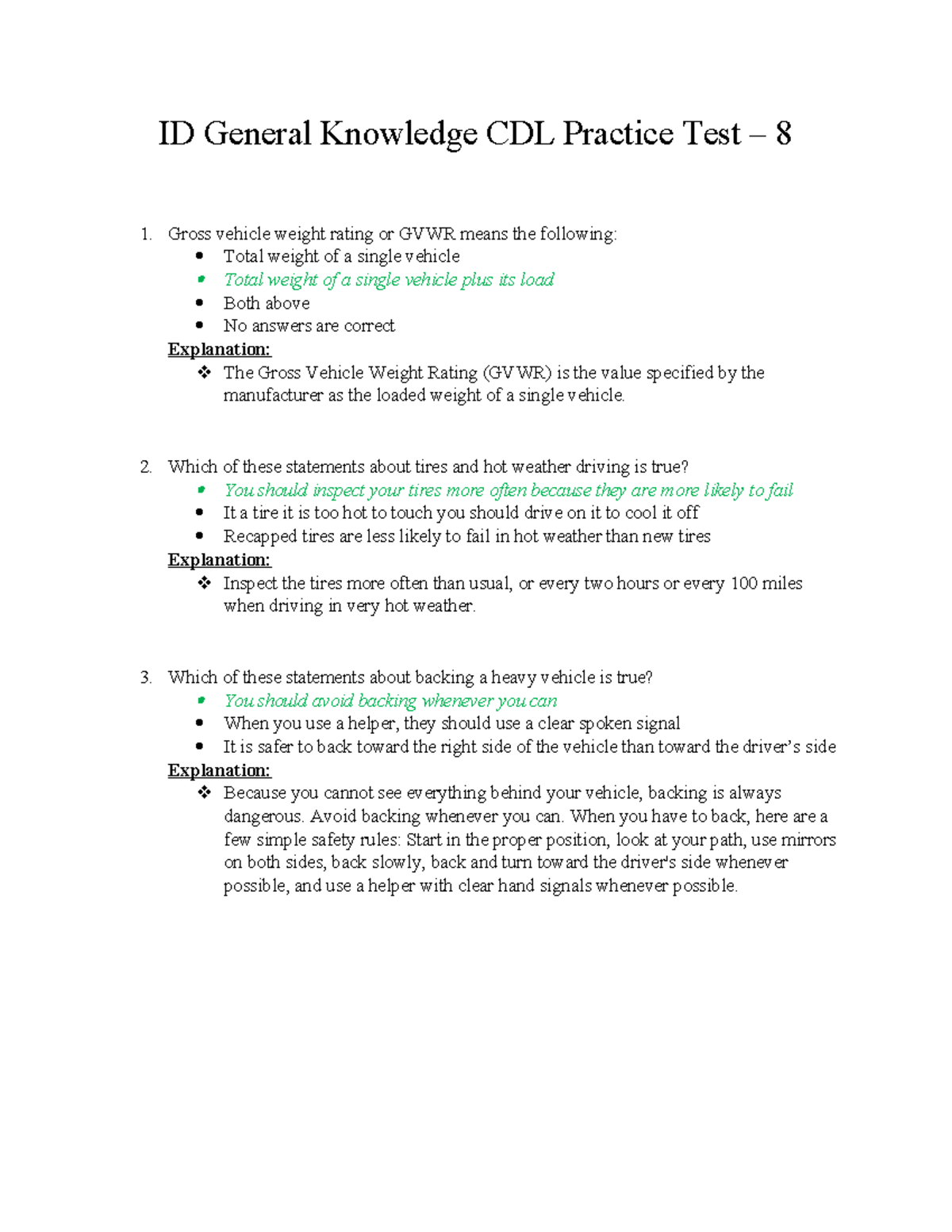 ID General Knowledge CDL Practice Test 8: Key Concepts and Safety Tips ...