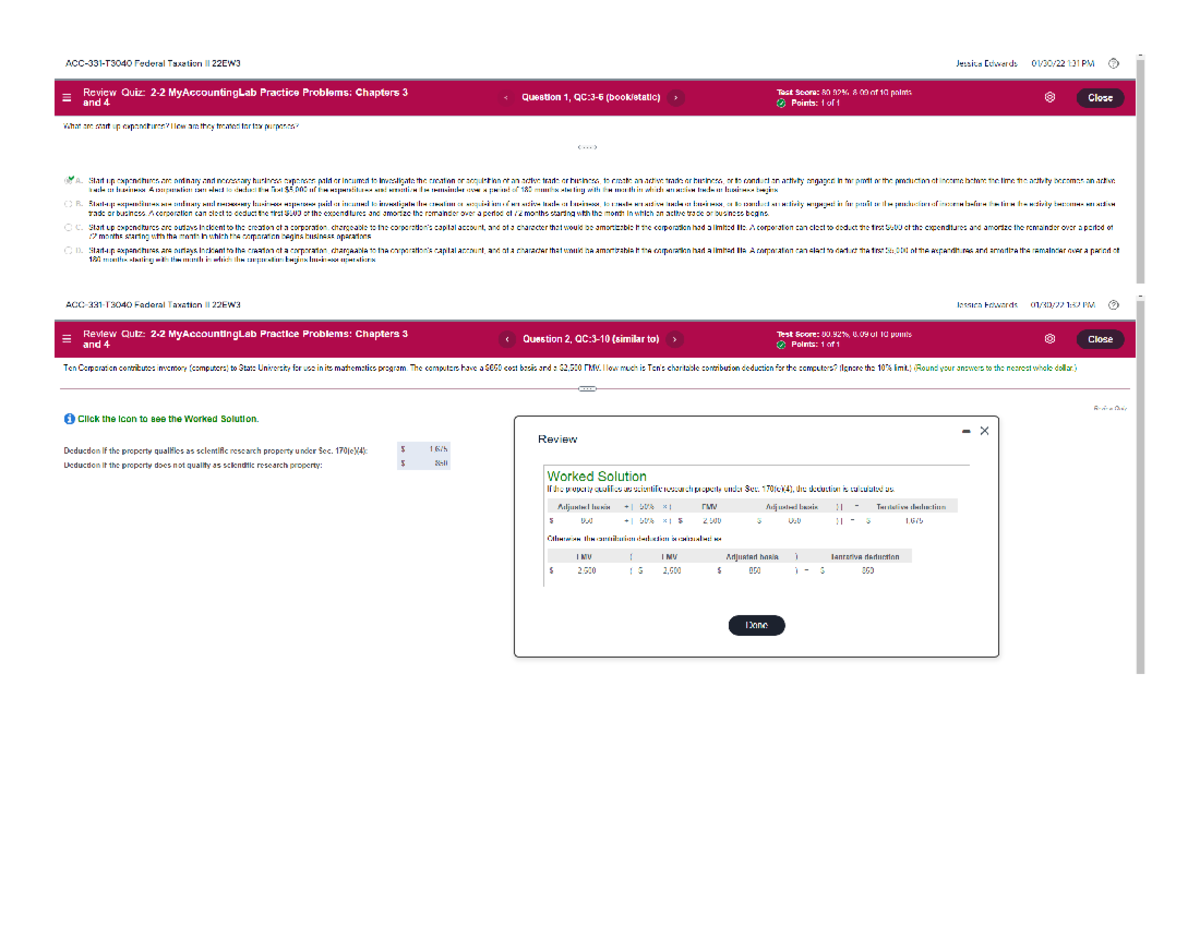 Module 2 My Accounting Lab Chapters 3 and 4 - Federal Taxation II 22EW3 ...