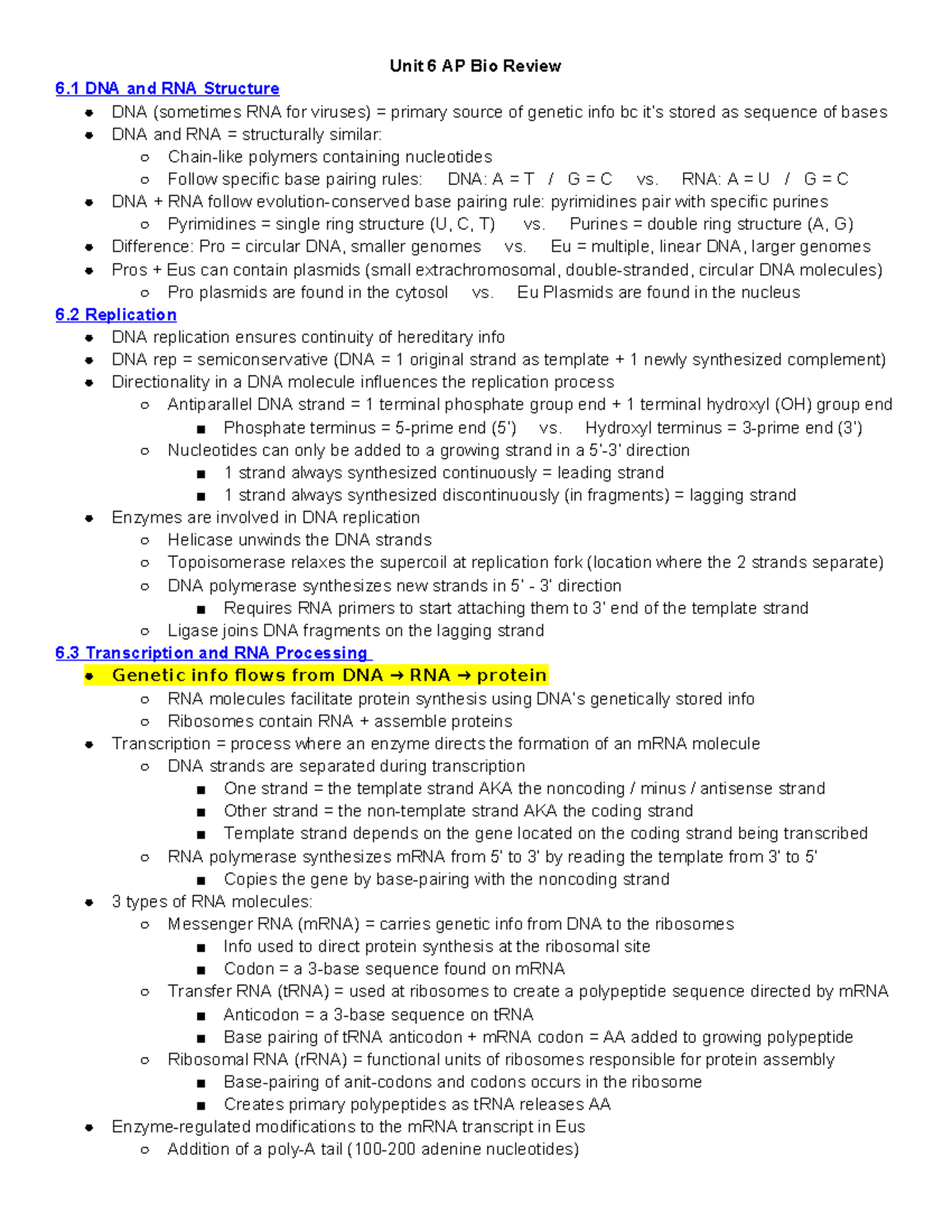 Unit 6 AP Bio Review: DNA, RNA, Replication, and Gene Expression - Studocu