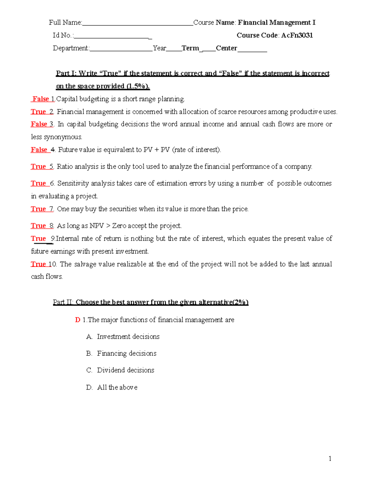 AcFn Financial Management I Worksheet Assignment: True/False & MCQ ...