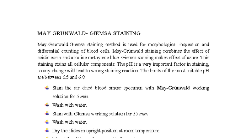 MAY Grunwald-Giemsa Staining Method for Blood Cell Analysis - Studocu