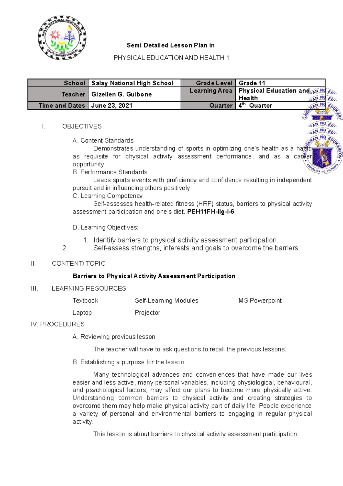 Grade 11 PE & Health 1: Barriers to Physical Activity Assessment Lesson ...