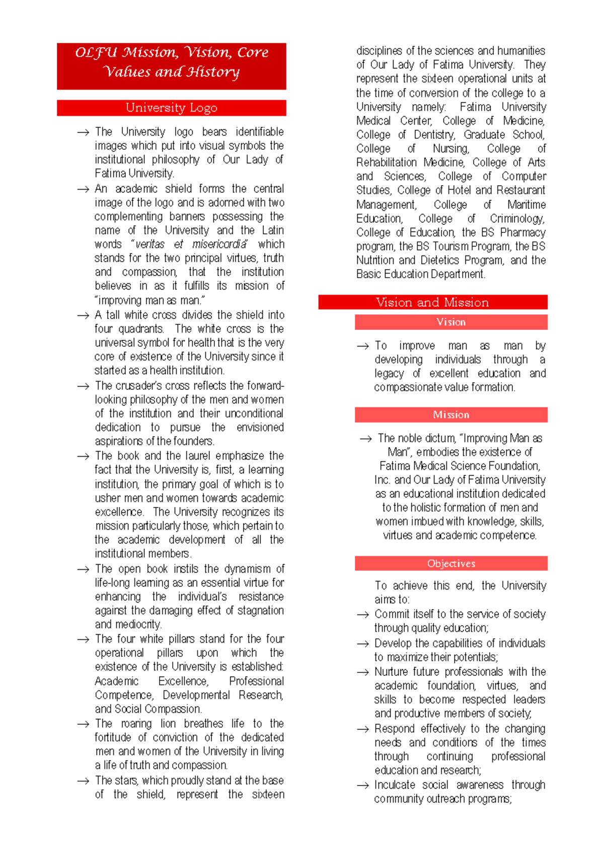 Week 2 - lecture notes - OLFU Mission, Vision, Core Values and History ...