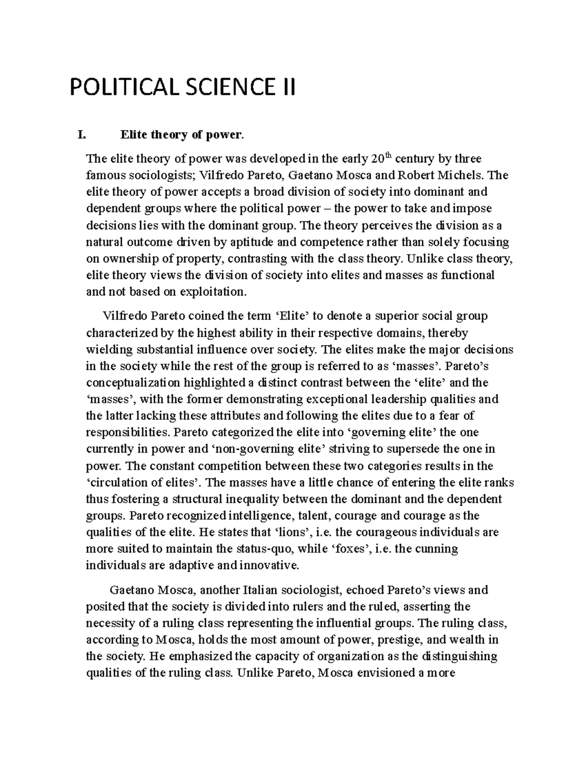 Political Science II: Elite Theory, Circulation of Elites & Oligarchy ...