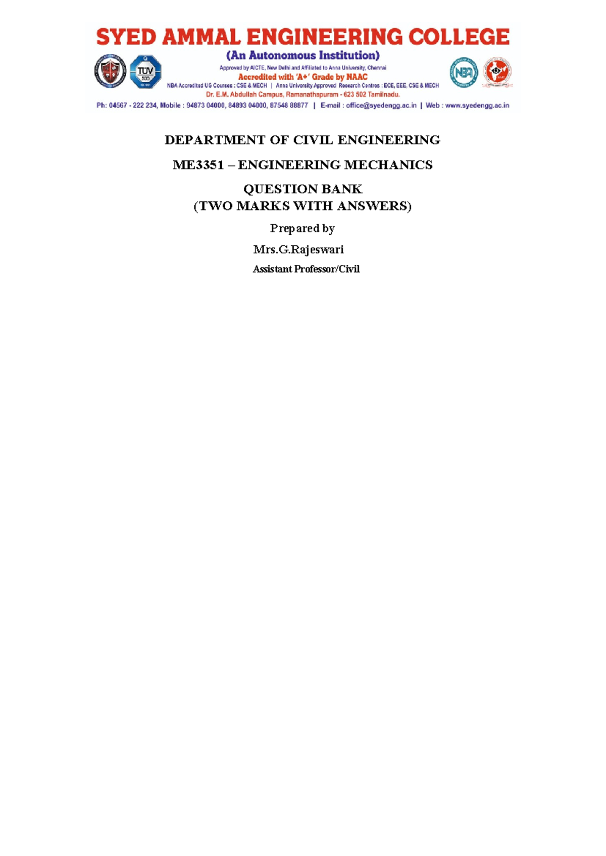 ME3351 - Engineering Mechanics Question Bank (2 Marks with Answers ...