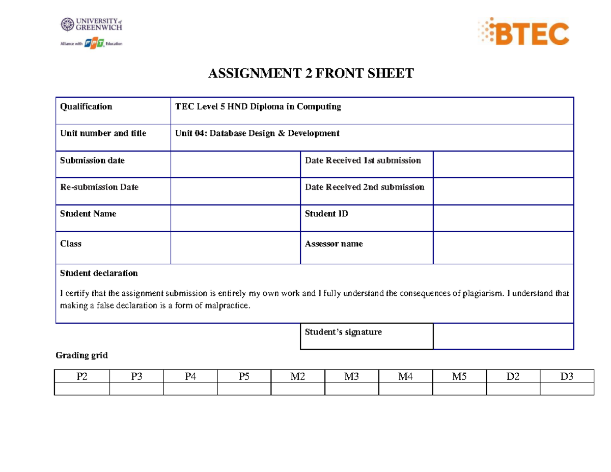 Database comp1797 - ASSIGNMENT 2 FRONT SHEET Qualification TEC Level 5 HND Diploma in Computing ...