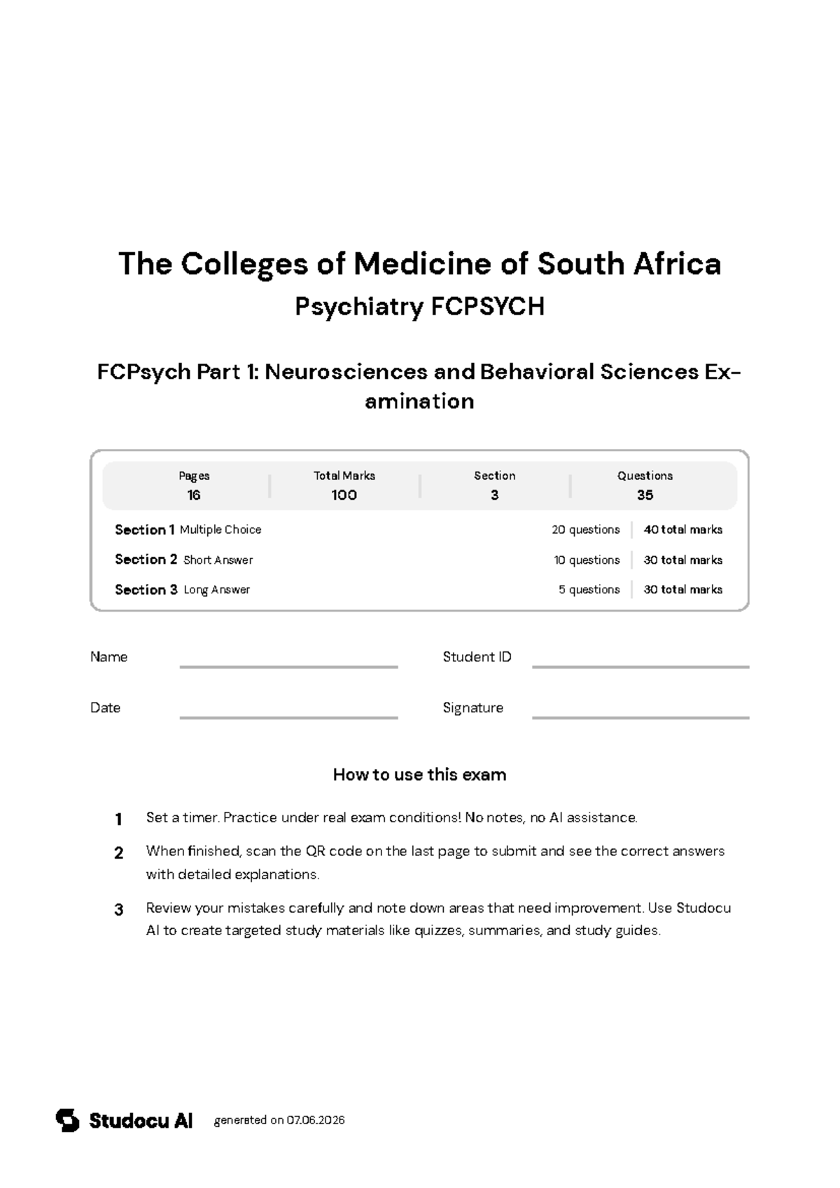 FCPsych Part 1: Neurosciences & Behavioral Sciences Exam - Studocu