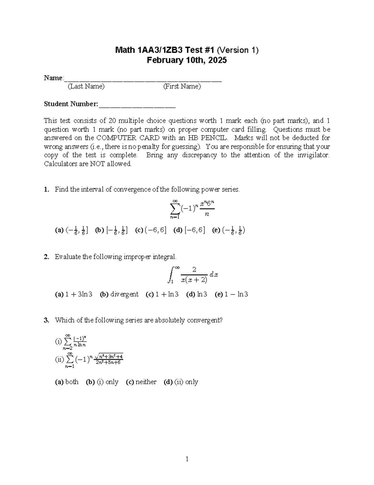 Calc II Test #1 (Version 1) - February 10, 2025 - Studocu