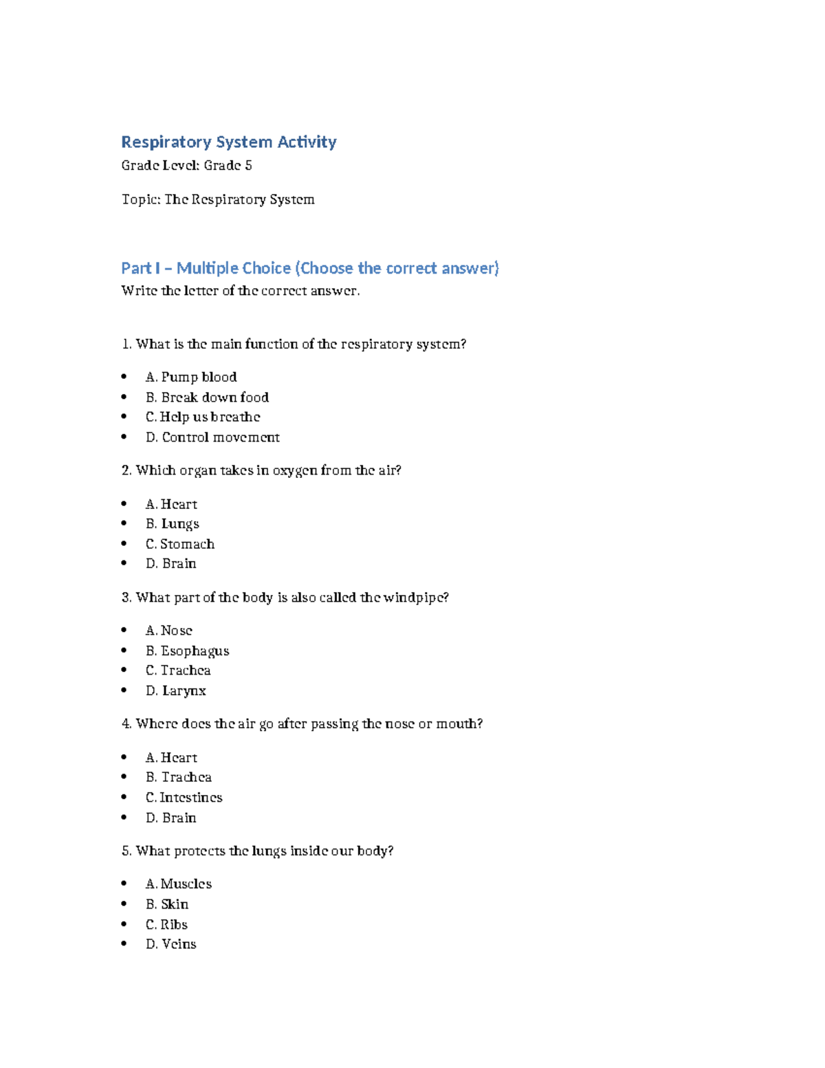 Respiratory System Activity (Grade 5) - MCQ & Identification - Studocu