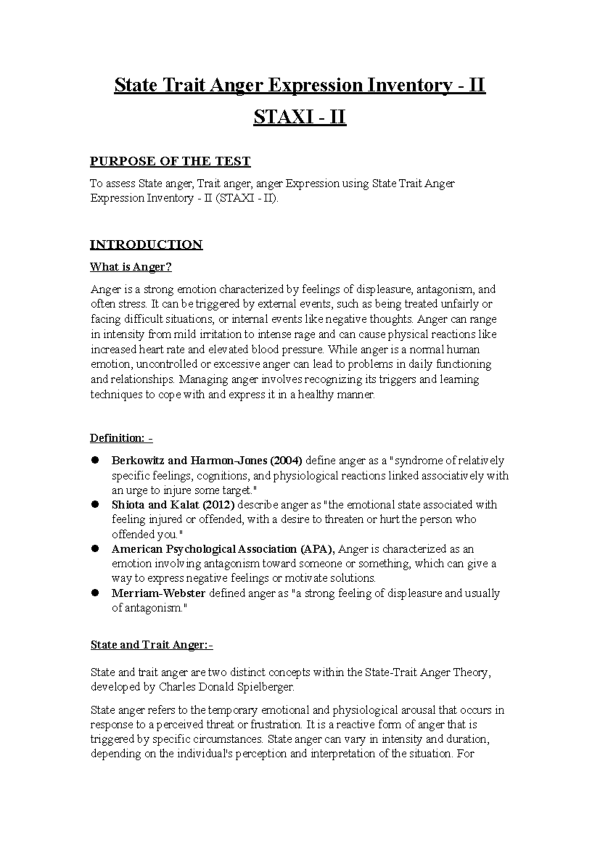 STAXI - II: Understanding State and Trait Anger Dynamics for Prac 1 ...