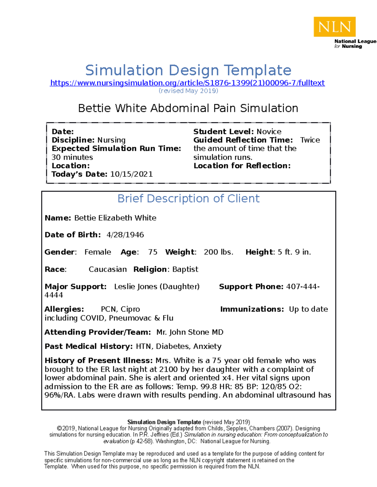 Bettie White Abdominal Pain Simulation Template for Nursing Students ...