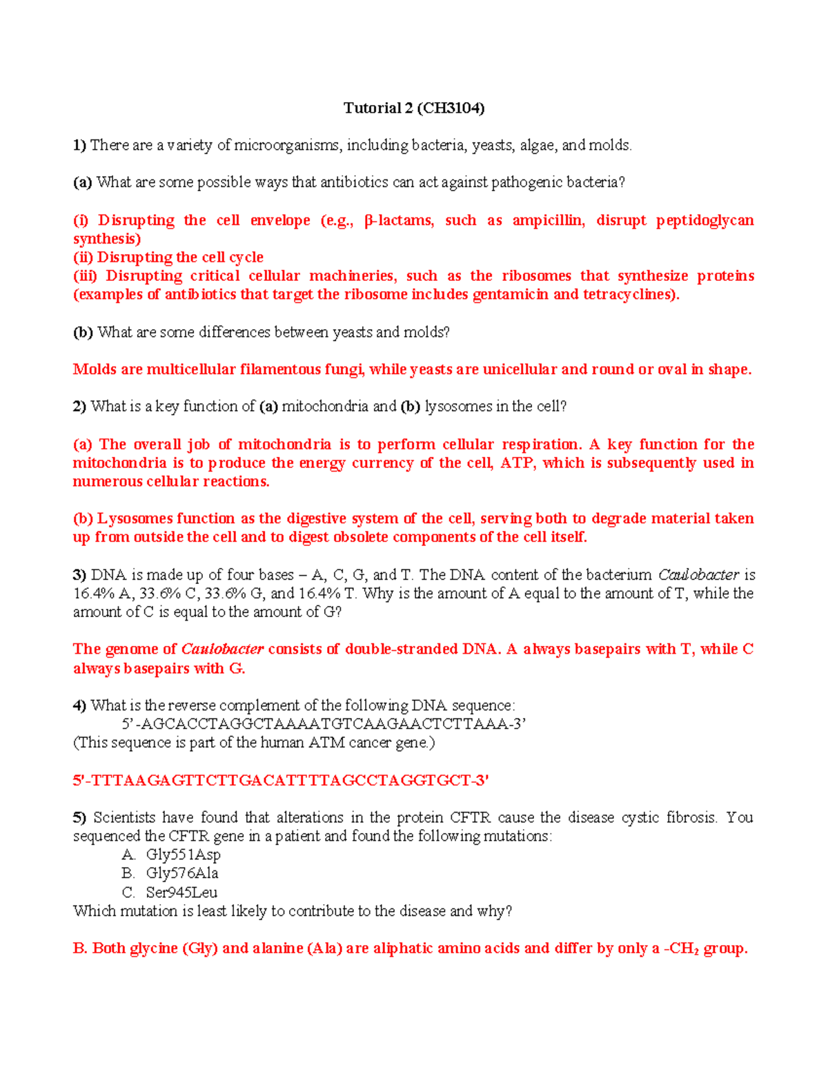 Tutorial 2 Answers (CH3104): Microorganisms & Cellular Respiration ...