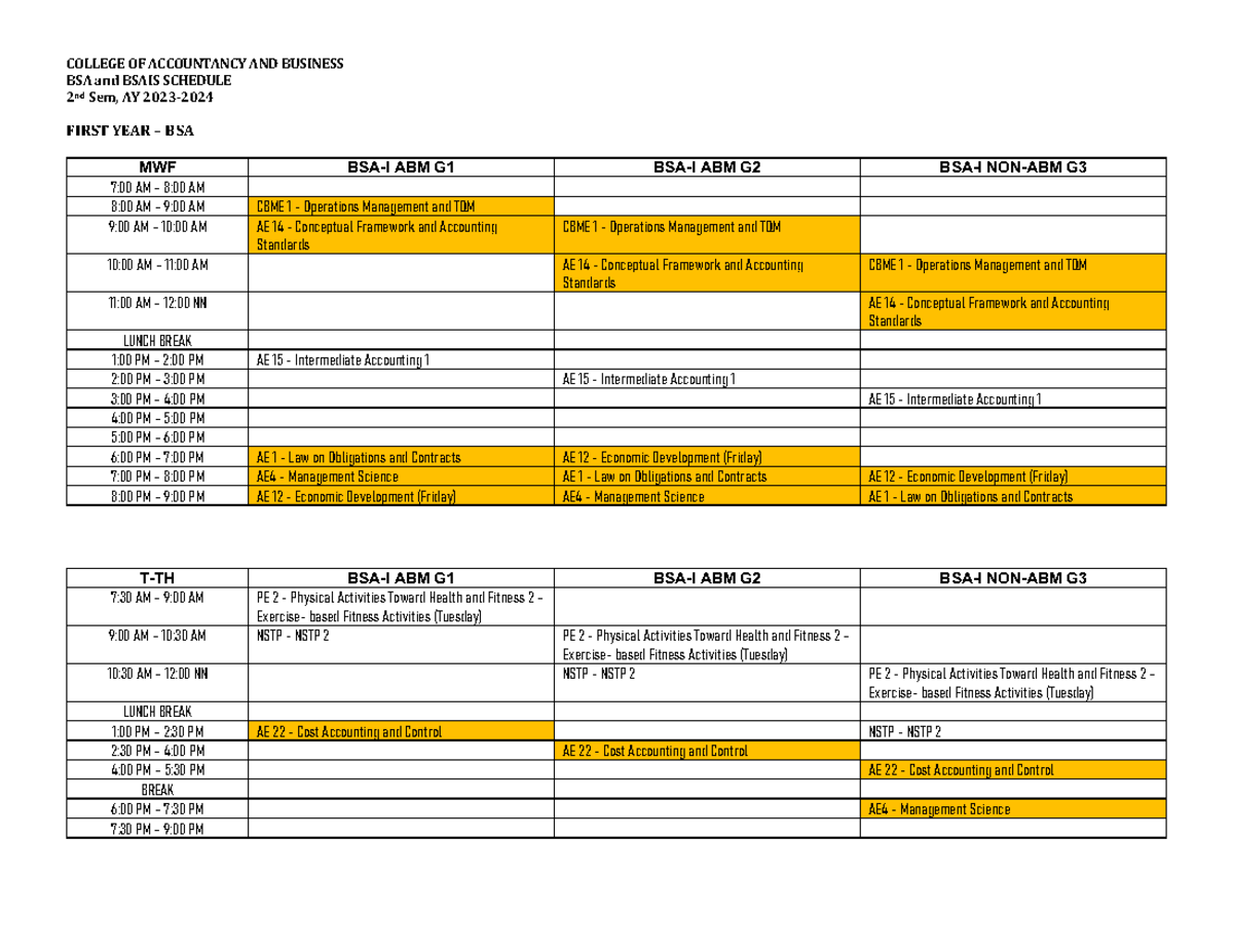 BSA and Bsais Schedule - BSA and BSAIS SCHEDULE 2 nd Sem, AY 2023- 2024 ...