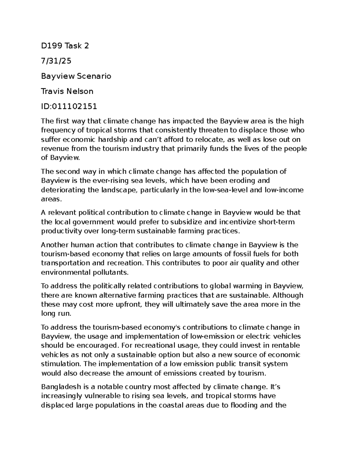 D199 Task 2: Climate Change Impacts on Bayview Area - Studocu