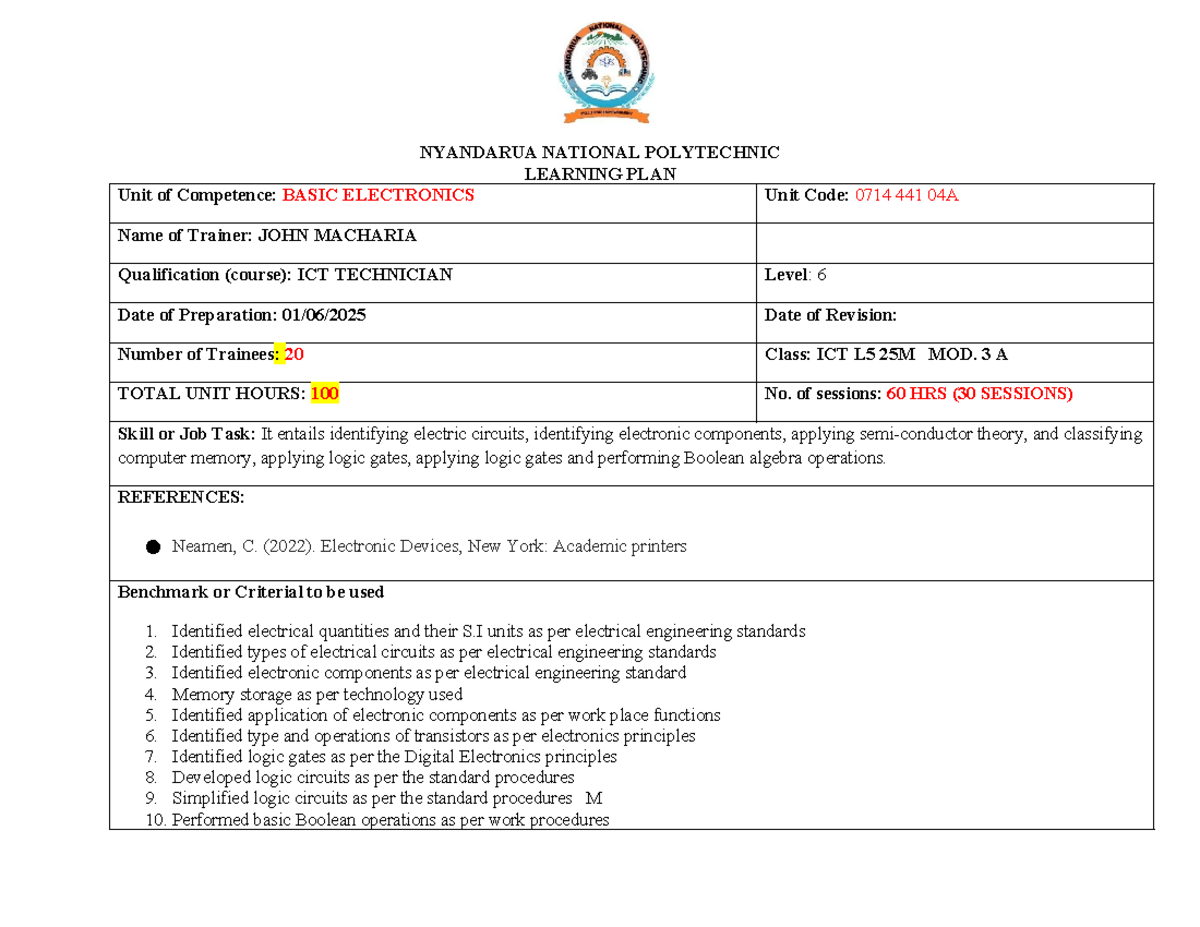 ICT 0714 441 04A Learning Plan: Basic Electronics Overview - Studocu