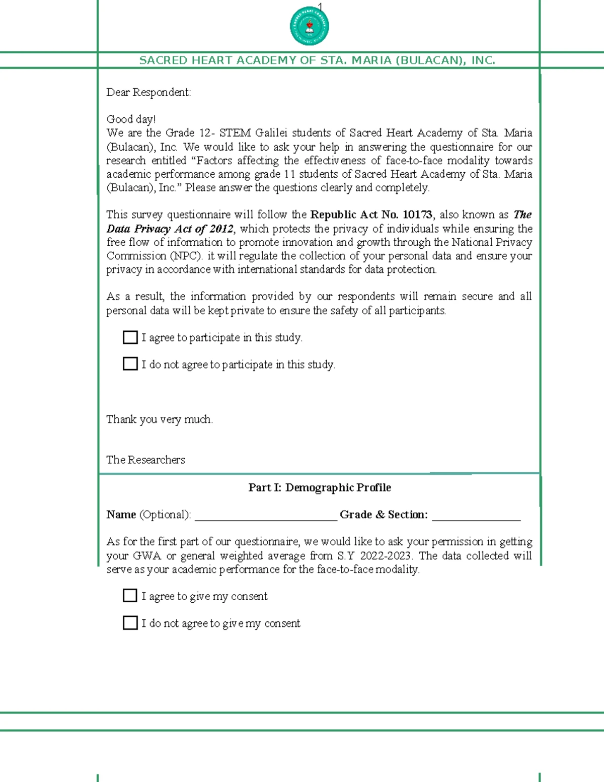 Grade 12 STEM Questionnaire on Face-to-Face Learning Effectiveness ...