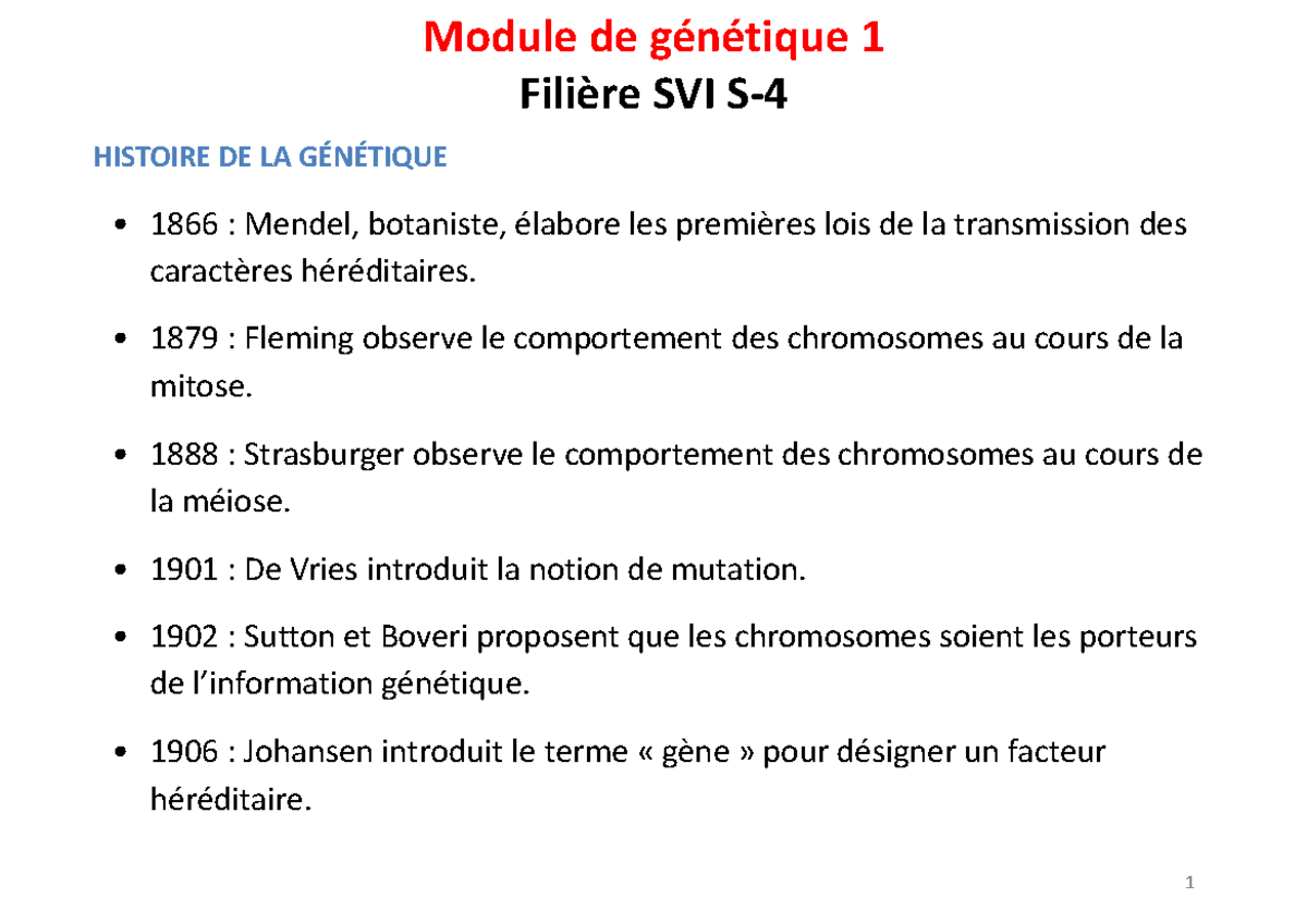 Cours 1 - Génétique : Histoire et Concepts Fondamentaux - Studocu