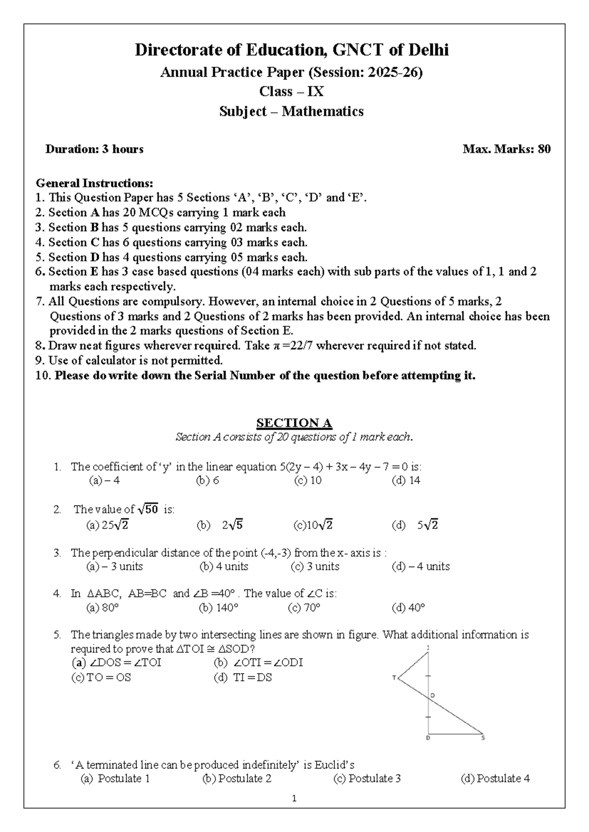 Mathematics Annual Practice Paper (Class IX) - 2025 - Studocu